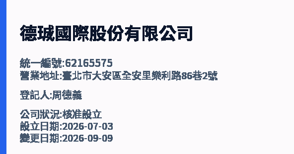 德珹國際股份有限公司的照片-統編 62165575(臺北市) 公司登記資料與營業項目詳細圖表