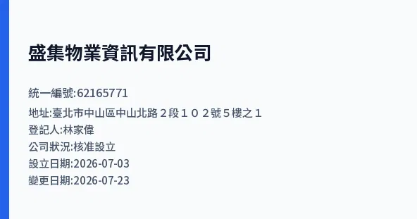 盛集物業資訊有限公司的照片-統編 62165771(臺北市) 公司登記資料與營業項目詳細圖表