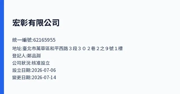 宏彰有限公司的照片-統編 62165955(臺北市) 公司登記資料與營業項目詳細圖表