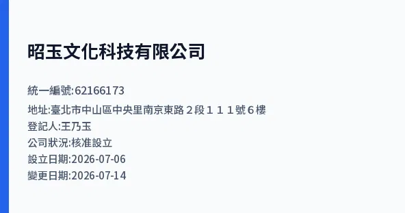 昭玉文化科技有限公司的照片-統編 62166173(臺北市) 公司登記資料與營業項目詳細圖表