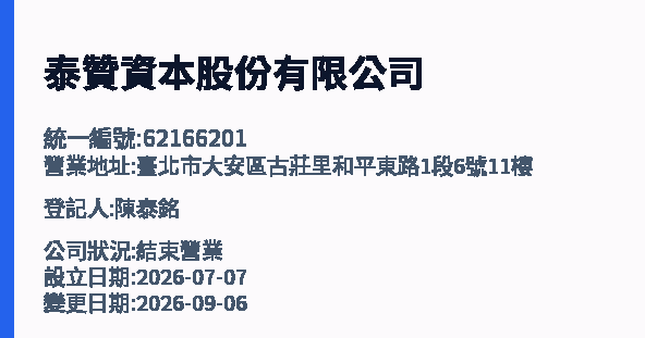 泰贊資本股份有限公司的照片-統編 62166201 公司登記資料與營業項目詳細圖表