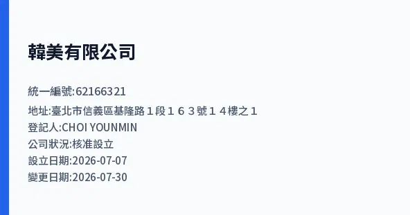 韓美有限公司的照片-統編 62166321(臺北市) 公司登記資料與營業項目詳細圖表