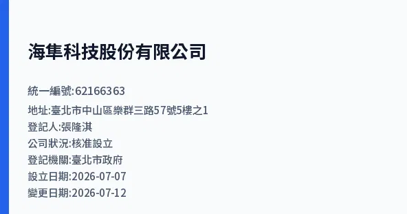海隼科技股份有限公司的照片-統編 62166363(臺北市) 公司登記資料與營業項目詳細圖表