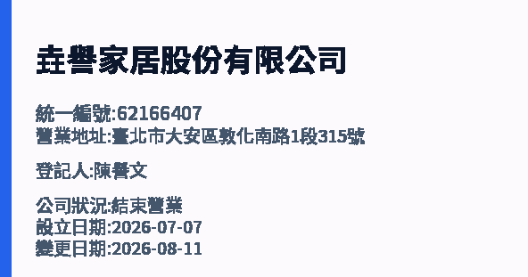 垚譽家居股份有限公司的照片-統編 62166407 公司登記資料與營業項目詳細圖表