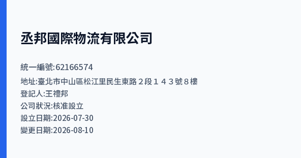 丞邦國際物流有限公司的照片-統編 62166574(臺北市) 公司登記資料與營業項目詳細圖表