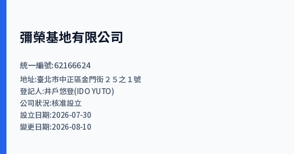 彌榮基地有限公司的照片-統編 62166624(臺北市) 公司登記資料與營業項目詳細圖表