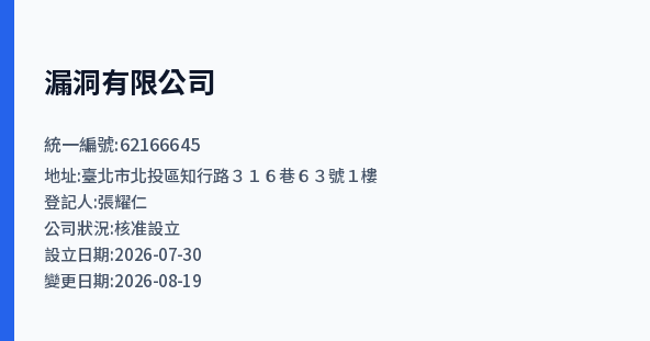 漏洞有限公司的照片-統編 62166645(臺北市) 公司登記資料與營業項目詳細圖表