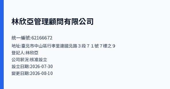 林欣亞管理顧問有限公司的照片-統編 62166672(臺北市) 公司登記資料與營業項目詳細圖表