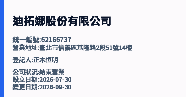 迪拓娜股份有限公司的照片-統編 62166737 公司登記資料與營業項目詳細圖表