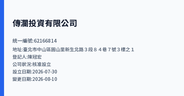 傳瀾投資有限公司的照片-統編 62166814(臺北市) 公司登記資料與營業項目詳細圖表