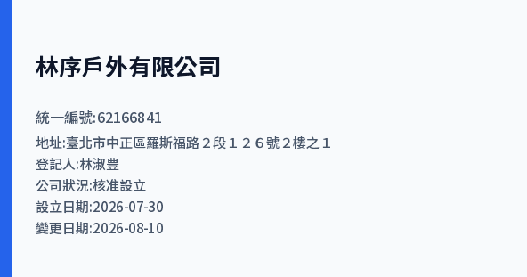 林序戶外有限公司的照片-統編 62166841(臺北市) 公司登記資料與營業項目詳細圖表