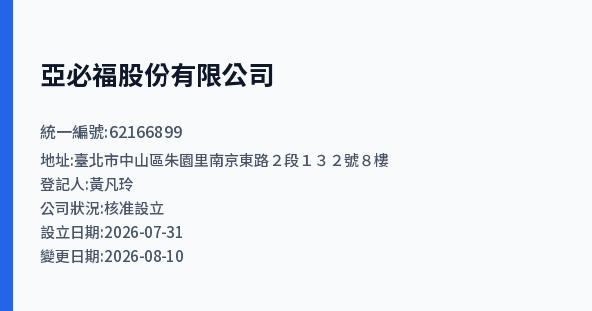 亞必福股份有限公司的照片-統編 62166899(臺北市) 公司登記資料與營業項目詳細圖表