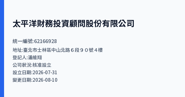 太平洋財務投資顧問股份有限公司的照片-統編 62166928(臺北市) 公司登記資料與營業項目詳細圖表