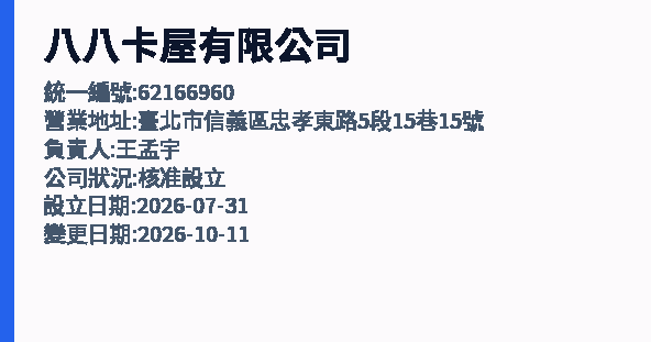 八八卡屋有限公司的照片-統編 62166960(臺北市) 公司登記資料與營業項目詳細圖表