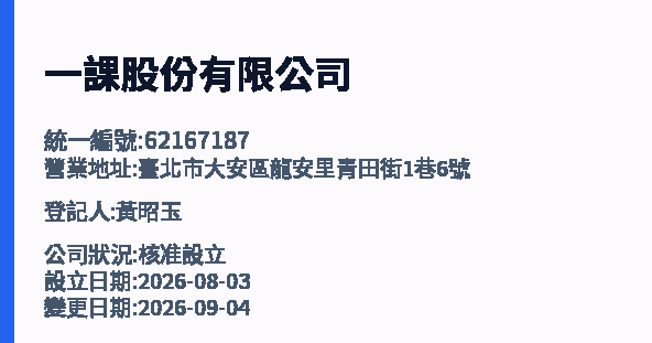 一課股份有限公司的照片-統編 62167187(臺北市) 公司登記資料與營業項目詳細圖表