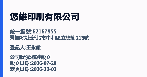悠維印刷有限公司的照片-統編 62167855(新北市) 公司登記資料與營業項目詳細圖表