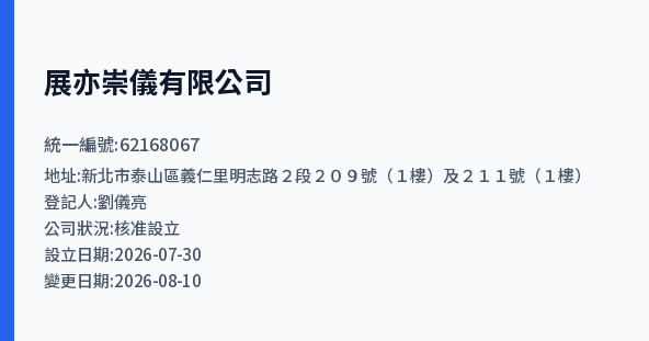 展亦崇儀有限公司的照片-統編 62168067(新北市) 公司登記資料與營業項目詳細圖表