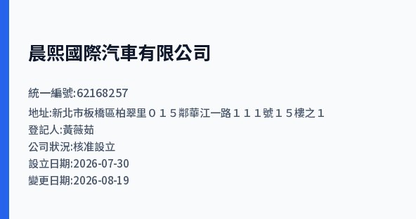 晨熙國際汽車有限公司的照片-統編 62168257(新北市) 公司登記資料與營業項目詳細圖表