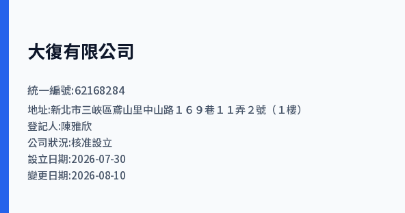 大復有限公司的照片-統編 62168284(新北市) 公司登記資料與營業項目詳細圖表