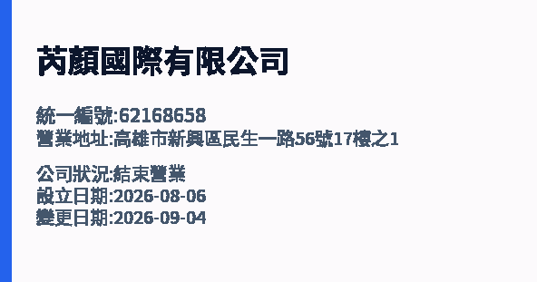 芮顏國際有限公司的照片-統編 62168658(高雄市) 公司登記資料與營業項目詳細圖表