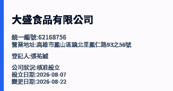 大盛食品有限公司的照片-統編 62168756(高雄市) 公司登記資料與營業項目詳細圖表