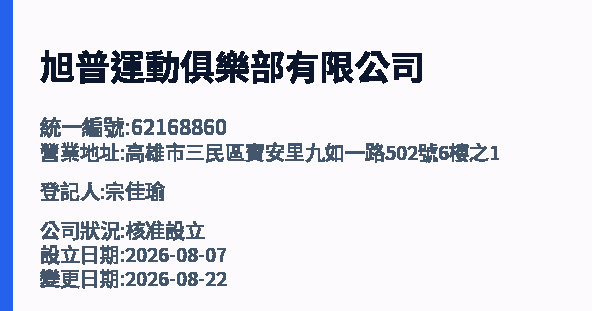 旭普運動俱樂部有限公司的照片-統編 62168860(高雄市) 公司登記資料與營業項目詳細圖表
