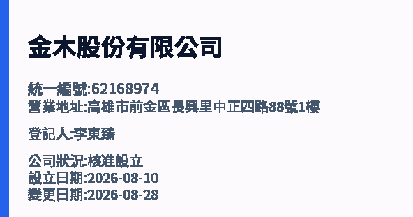金木股份有限公司的照片-統編 62168974(高雄市) 公司登記資料與營業項目詳細圖表