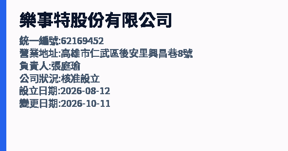 樂事特股份有限公司的照片-統編 62169452(高雄市) 公司登記資料與營業項目詳細圖表