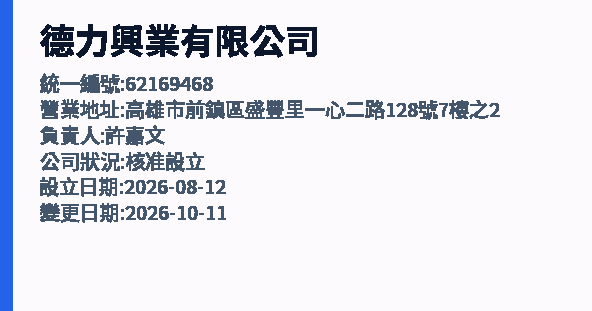 德力興業有限公司的照片-統編 62169468 公司登記資料與營業項目詳細圖表