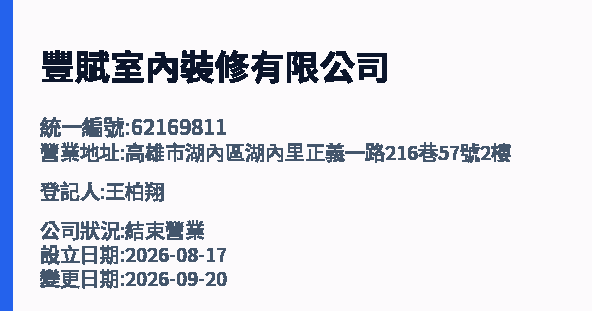 豐賦室內裝修有限公司的照片-統編 62169811(高雄市) 公司登記資料與營業項目詳細圖表
