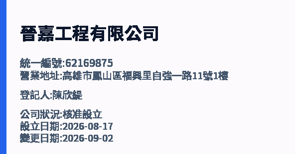 晉嘉工程有限公司的照片-統編 62169875(高雄市) 公司登記資料與營業項目詳細圖表