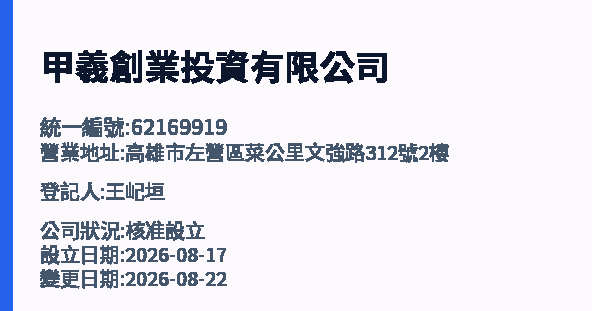 甲羲創業投資有限公司的照片-統編 62169919(高雄市) 公司登記資料與營業項目詳細圖表