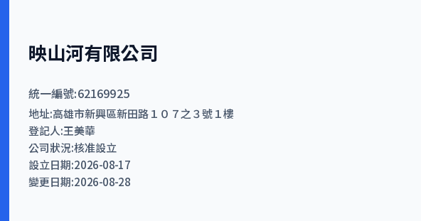 映山河有限公司的照片-統編 62169925(高雄市) 公司登記資料與營業項目詳細圖表