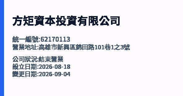 方矩資本投資有限公司的照片-統編 62170113(高雄市) 公司登記資料與營業項目詳細圖表