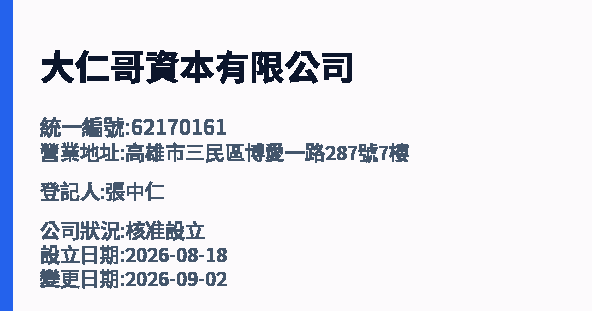 大仁哥資本有限公司的照片-統編 62170161(高雄市) 公司登記資料與營業項目詳細圖表