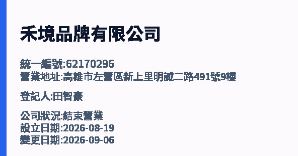 禾境品牌有限公司的照片-統編 62170296(高雄市) 公司登記資料與營業項目詳細圖表