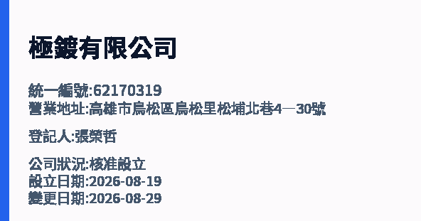 極鍍有限公司的照片-統編 62170319(高雄市) 公司登記資料與營業項目詳細圖表