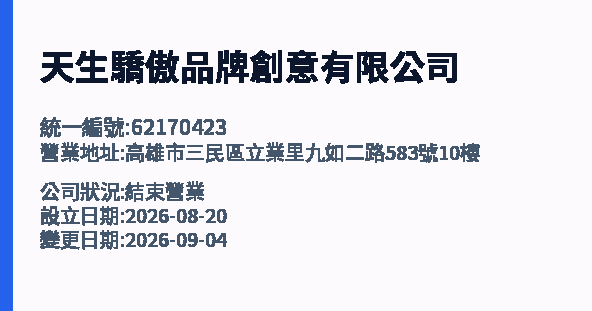 天生驕傲品牌創意有限公司的照片-統編 62170423(高雄市) 公司登記資料與營業項目詳細圖表