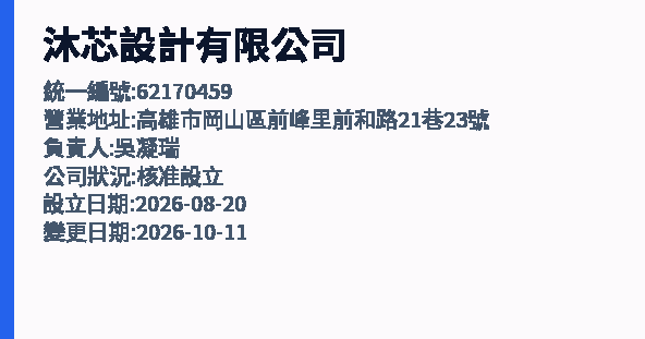 沐芯設計有限公司的照片-統編 62170459(高雄市) 公司登記資料與營業項目詳細圖表