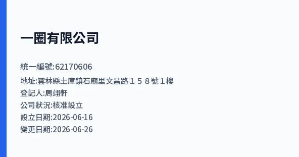 一圈有限公司的照片-統編 62170606(雲林縣) 公司登記資料與營業項目詳細圖表