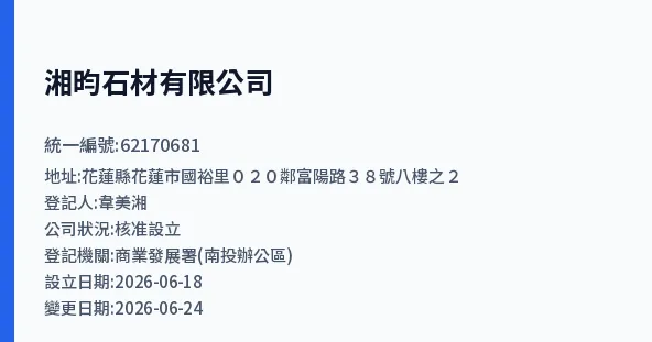湘昀石材有限公司的照片-統編 62170681(花蓮縣) 公司登記資料與營業項目詳細圖表