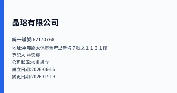 晶瑢有限公司的照片-統編 62170768 公司登記資料與營業項目詳細圖表
