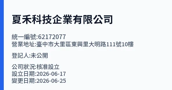 夏禾科技企業有限公司的照片-統編 62172077(臺中市) 公司登記資料與營業項目詳細圖表