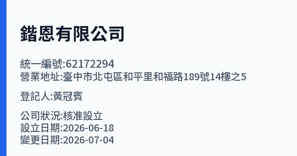 鍇恩有限公司的照片-統編 62172294(臺中市) 公司登記資料與營業項目詳細圖表