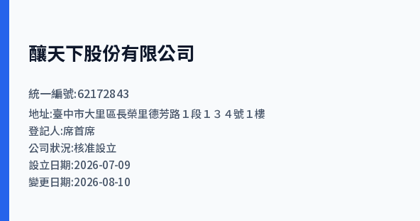 釀天下股份有限公司的照片-統編 62172843(臺中市) 公司登記資料與營業項目詳細圖表