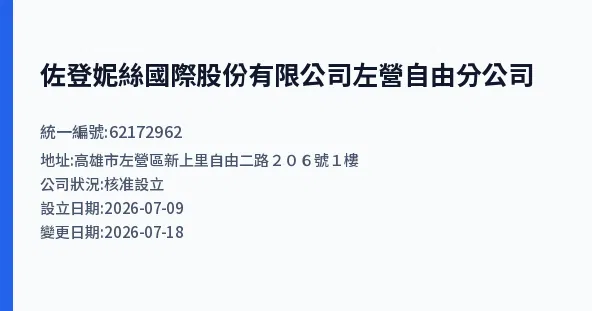 佐登妮絲國際股份有限公司左營自由分公司的照片-統編 62172962(高雄市) 公司登記資料與營業項目詳細圖表
