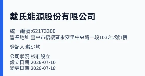 戴氏能源股份有限公司的照片-統編 62173300(臺中市) 公司登記資料與營業項目詳細圖表