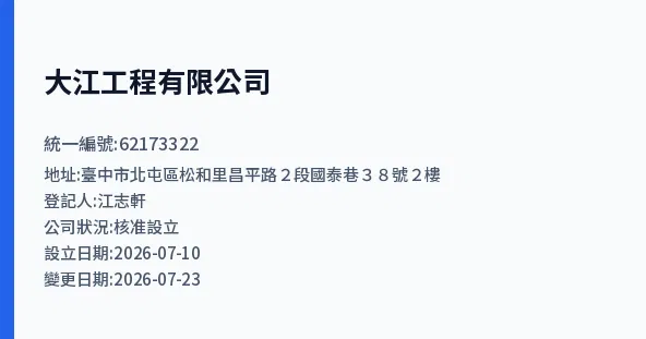大江工程有限公司的照片-統編 62173322(臺中市) 公司登記資料與營業項目詳細圖表