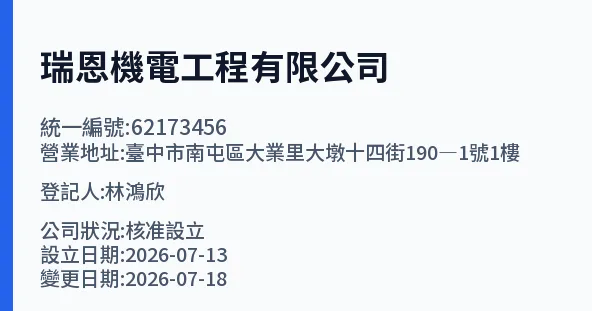 瑞恩機電工程有限公司的照片-統編 62173456(臺中市) 公司登記資料與營業項目詳細圖表