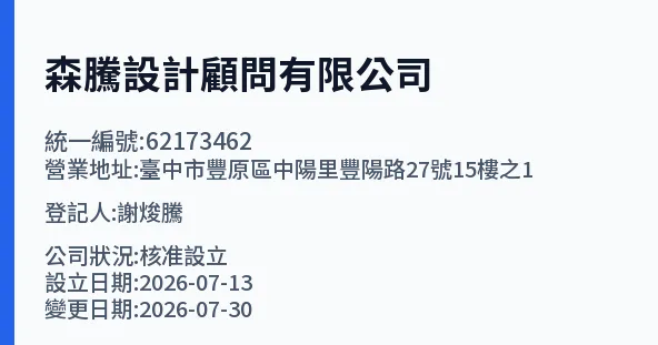 森騰設計顧問有限公司的照片-統編 62173462(臺中市) 公司登記資料與營業項目詳細圖表